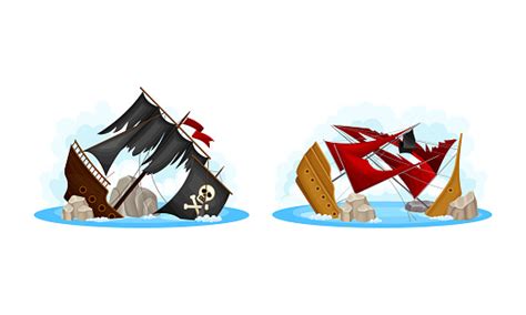 해적선 의 난파선 세트 바다에서 가라 앉는 검은 색과 붉은 돛을 가진 선박 바다 만화 벡터 일러스트 대형 범선에 대한 스톡 벡터