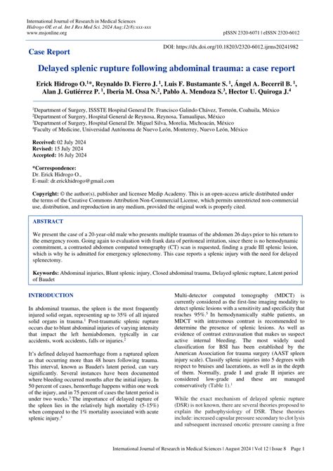 Pdf Delayed Splenic Rupture Following Abdominal Trauma A Case Report