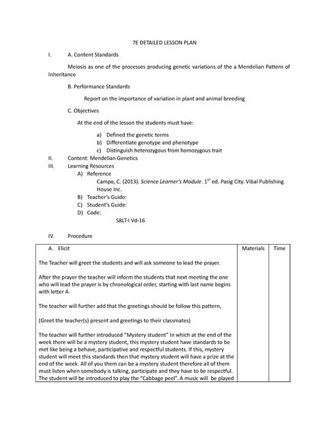 7E Detailed Lesson PLAN Mendelian 7E DETAILED LESSON PLAN I A