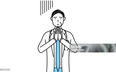청진기가 달린 흰 코트를 입은 남성 의사 시니어 중년 베테랑이 몸 앞에서 손으로 사과하고 있다 건강 진단에 대한 스톡 벡터 아트