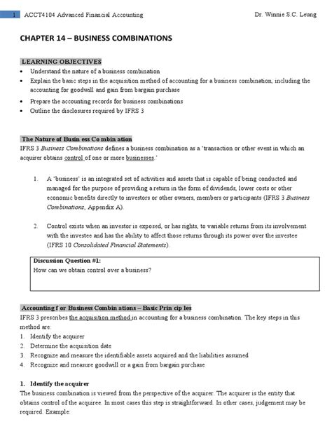 Chapter 14 Lecture Notes Student Copy Pdf Fair Value Goodwill