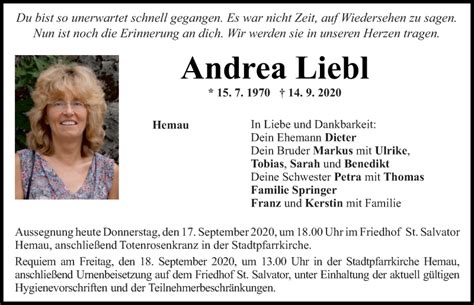 Traueranzeigen Von Andrea Liebl Mittelbayerische Trauer