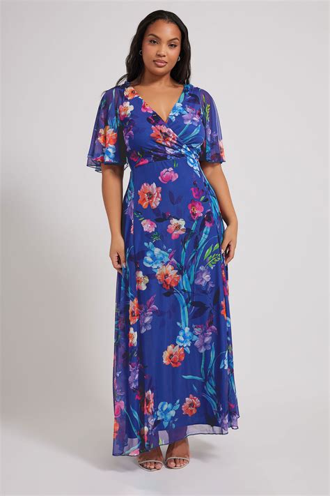 Yours London Plus Size Blue Floral Wrap Mesh Maxi Dress Yours Clothing
