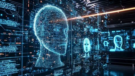 In A Security Room Computer Screens Show Human Faces With Ai Biometric Lines Illustrating The