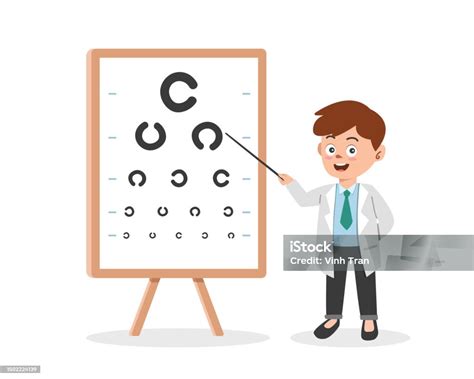 시력 테스트 클립 아트 만화 스타일 안과 의사는 시력 검사 차트를 가리키며 환자의 시력을 확인하고 있다 시력 검진 의료