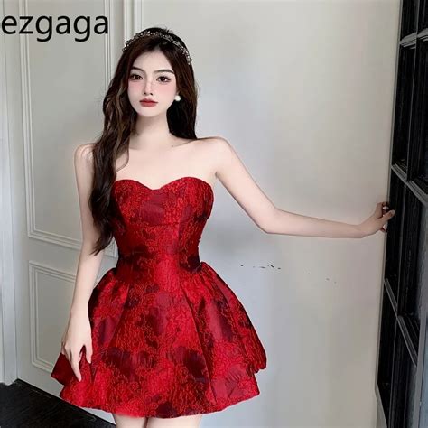 Ezgaga 여성용 프렌치 스타일 빈티지 프린트 섹시 드레스 스트랩리스 레드 하이 웨이스트 볼 가운 드레스 봄 패션 파티