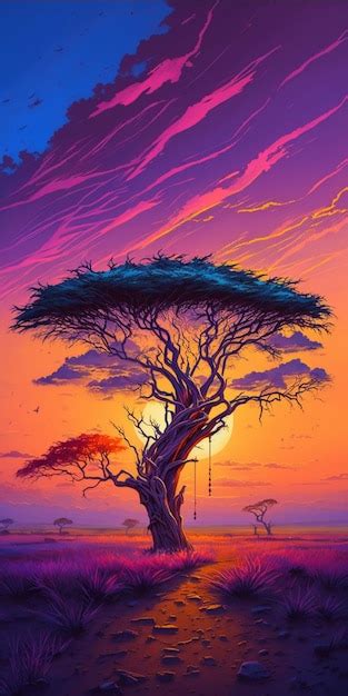 Premium AI Image Painting Of A Tree With Swing Set In The Middle Sunset Generative Ai