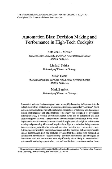 Pdf Automation Bias Decision Making And Performance In High Tech Cockpits