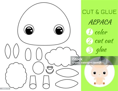 간단한 교육 게임 착색 페이지 컷과 접착제 앉아 아기 알파카 아이용 유치원 어린이를위한 교육 종이 게임 종이에 색상 절단 부품 및 접착제 벡터 스톡 일러스트레이션입니다