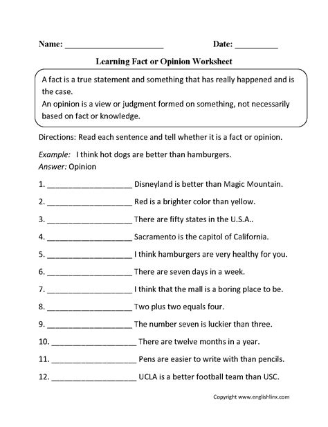 Fact And Opinion Worksheets