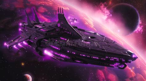 A Purple Spaceship In A Purple Or Pink Cosmic Background Stock