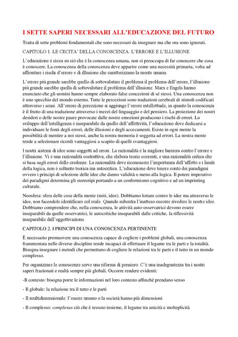 Riassunto I Sette Saperi Necessari Alleducazione Del Futuro Schemi E