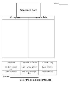 Complete And Incomplete Sentences By Samantha Rubalcava TPT