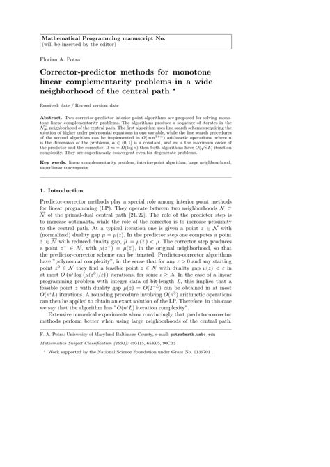 Pdf Correctorpredictor Methods For Monotone Linear Complementarity