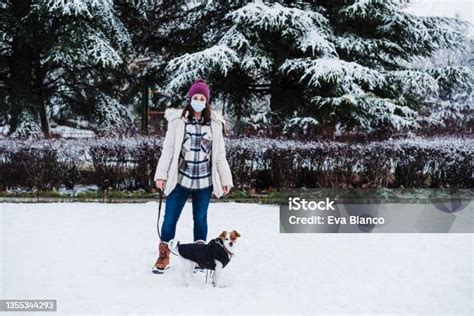 겨울 동안 귀여운 잭 러셀 개와 함께 서 눈 덮인 풍경에 얼굴 마스크를 착용 젊은 여자 35 39세에 대한 스톡 사진 및 기타 이미지 35 39세 가리기 개 Istock