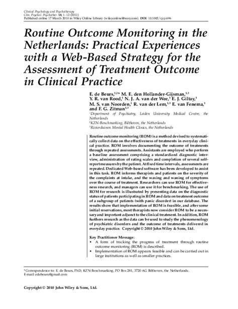Pdf Routine Outcome Monitoring In The Netherlands Practical Experiences With A Web Based