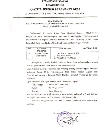 Pengumuman Hasil Seleksi Administrasi Bakal Calon Perangkat Desa Cikoneng
