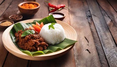 Delicious Indonesian Rendang Served With Rice And Banana Leaf Stock