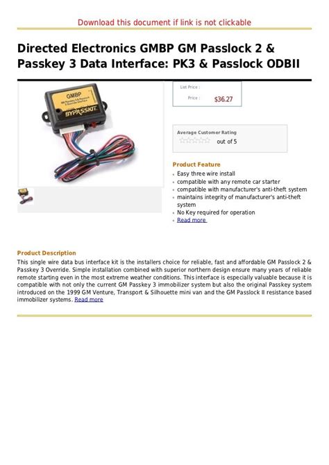 Directed Electronics Gmbp Gm Passlock 2 And Passkey 3 Data Interface P
