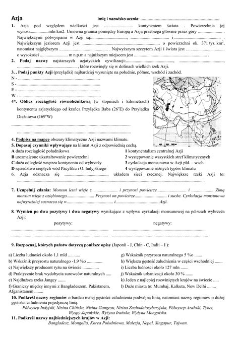 Sprawdzian Z Geografii Klasa 8 Azja Question