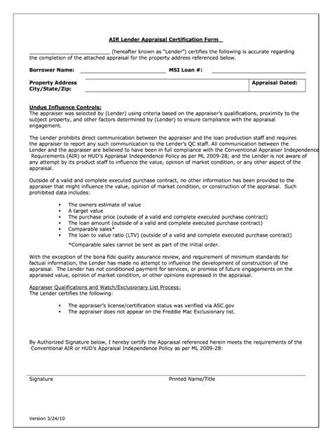 Air Lender Appraisal Certification Form Fill Online Printable