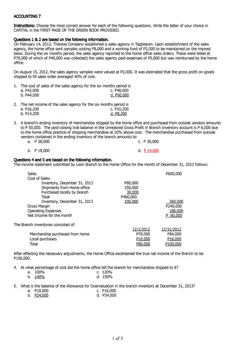 Branch Accounting Lecture Notes 1 Accounting 7 Instructions Choose The Most Correct Answer