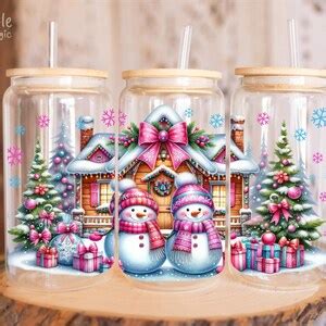 Christmas Snowman 16 Oz Libbey Frosted Glass Can Tumbler Wrap