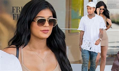 Kylie Jenner Dons Nude Bodycon Dress As She Shops With Tyga In California Daily Mail Online