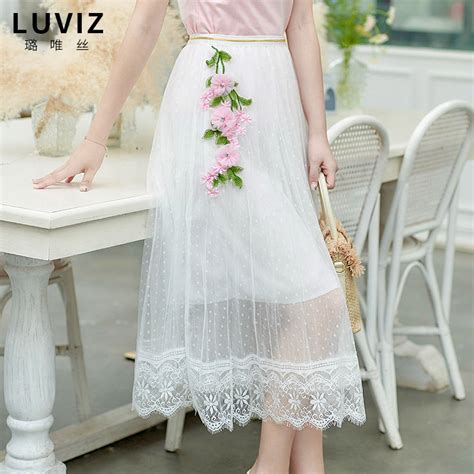 2019夏季新款日系甜美森女仙女蕾丝白色花朵网纱半身裙女中长款luviz旗舰店