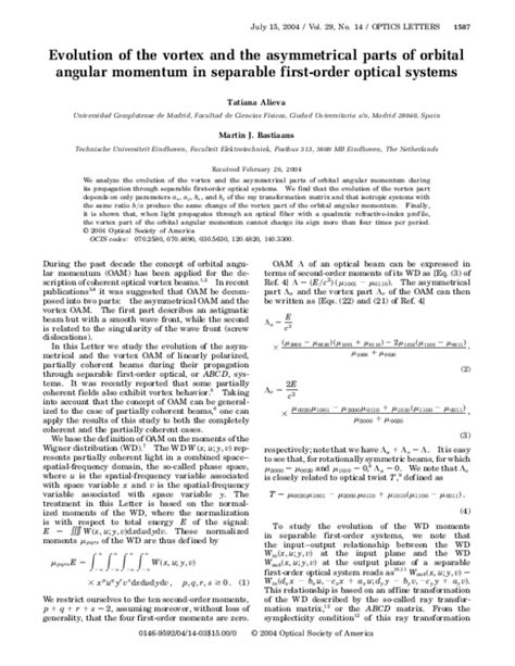 Pdf Evolution Of The Vortex And The Asymmetrical Parts Of Orbital Angular Momentum In