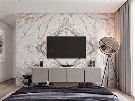 Отделка стен спальни белым мрамором с серыми прожилками