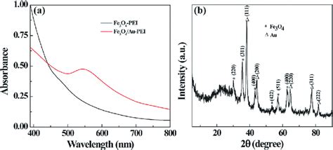A Uv Vis Spectra Of The Fe 3 O 4 Pei Nps And Fe 3 O 4 Au Pei Cnps