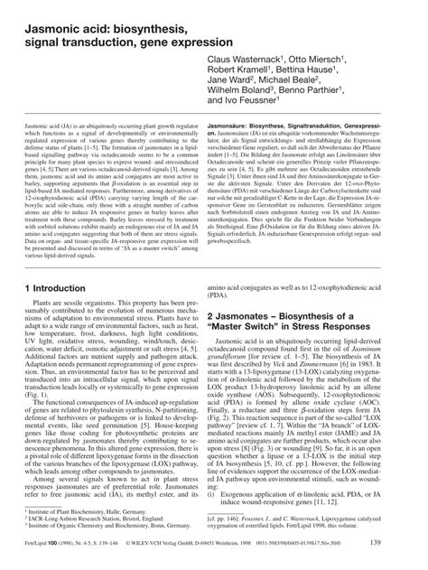 Pdf Jasmonic Acid Biosynthesis Signal Transduction Gene Expression
