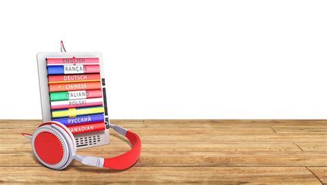 Premium Photo Ebook Audio Learning Languages On Wood Bacground 3d