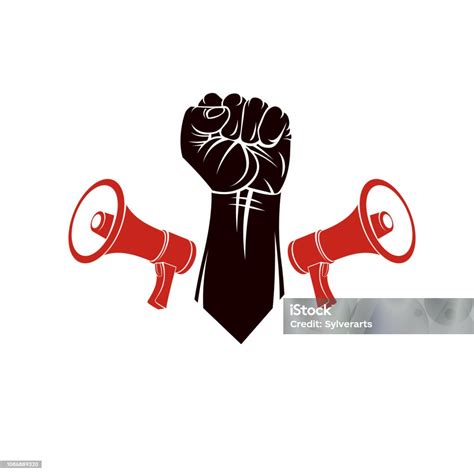 강한 남자와 Loudhailers 장비의 주먹으로 만든 벡터 상징 사람들 논증 그들의 권리 및 자유를 위해 싸우는 Revolution에 대한 스톡 벡터 아트 및 기타 이미지