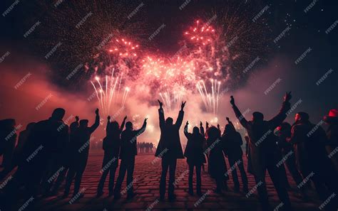 Group Of People Celebrating New Years Eve With Fireworks In The