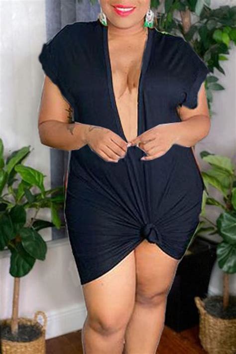 Fashion Black Sexy Print Split Joint V Neck Straight Plus Size Dresses