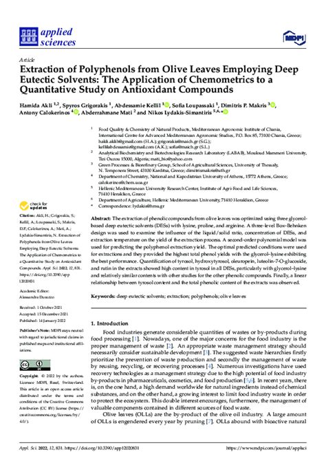 Pdf Extraction Of Polyphenols From Olive Leaves Employing Deep Eutectic Solvents The