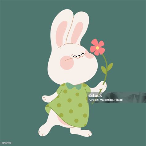 귀여운 흰 토끼 소녀가 꽃다발을 들고 있습니다 해피 발렌타인 데이 부활절 또는 생일 인사말 카드 초대장 스티커 또는 배너를위한