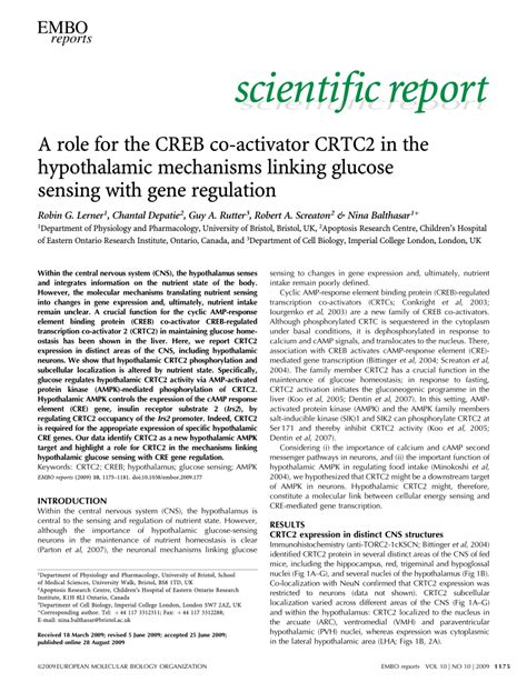 PDF A Role For The CREB Co Activator CRTC2 In The Hypothalamic