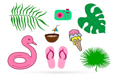 비치 스니커즈 아이스크림 사진 카메라 코코넛 흰색에 고립 된 손바닥 세트 아이콘의 잎 플립 플롭과 음식 아이 손 그리기 예술 벡터 스톡 일러스트 컬렉션 0명에 대한 스톡