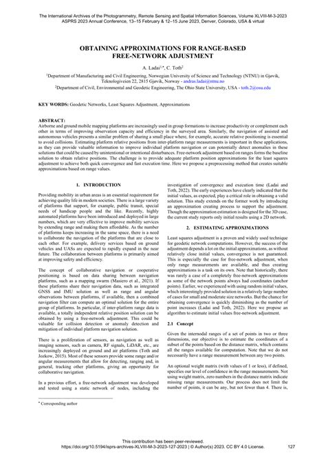 PDF OBTAINING APPROXIMATIONS FOR RANGE BASED FREE NETWORK ADJUSTMENT