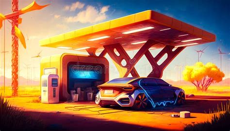 An Illustration Of An Electric Car At Gas Station Generative Ai Stock