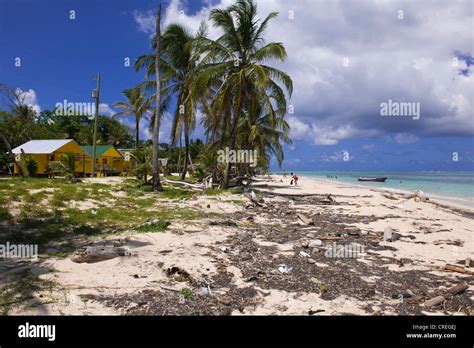 Polluted Beach With Tourist Cabins Little Corn Island Caribbean Sea