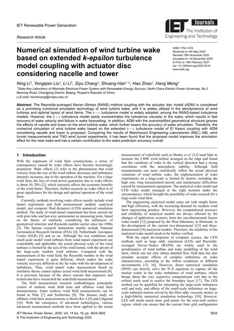 Pdf Numerical Simulation Of Wind Turbine Wake Based On Extended K