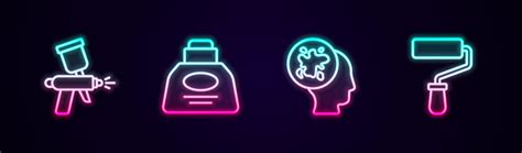 세트 라인 페인트 스프레이 건 잉크병 및 롤러 브러시 빛나는 네온 아이콘입니다 벡터 건강관리와 의술에 대한 스톡 벡터 아트 및