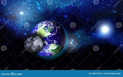 Vista Do Sol Do Espaço No Planeta Terra E Lua Ciência Interestelar