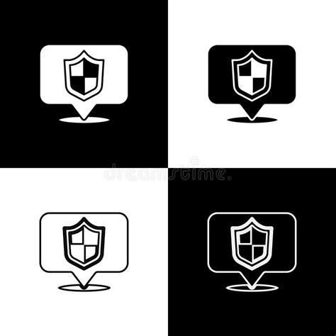 Set Location Shield Icon Isolated On Black And White Background Insurance Concept Guard Sign