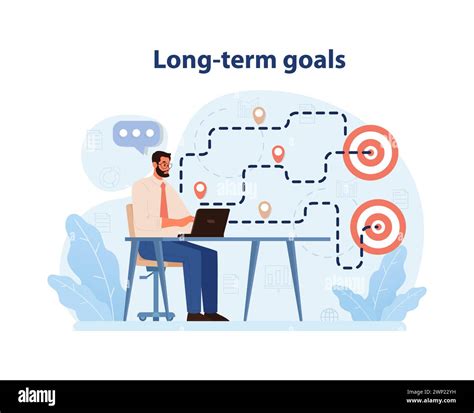 Long Term Goals Concept Man At Desk Visualizing Future Targets With Connected Roadmap