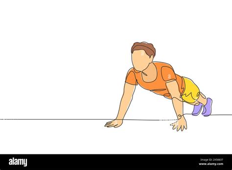 One Continuous Line Drawing Of Young Sporty Man Working Out Push Up In Fitness Gym Club Center